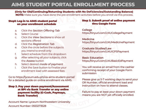 Enrollment via AIMS Student Portal | Lyceum Northwestern University